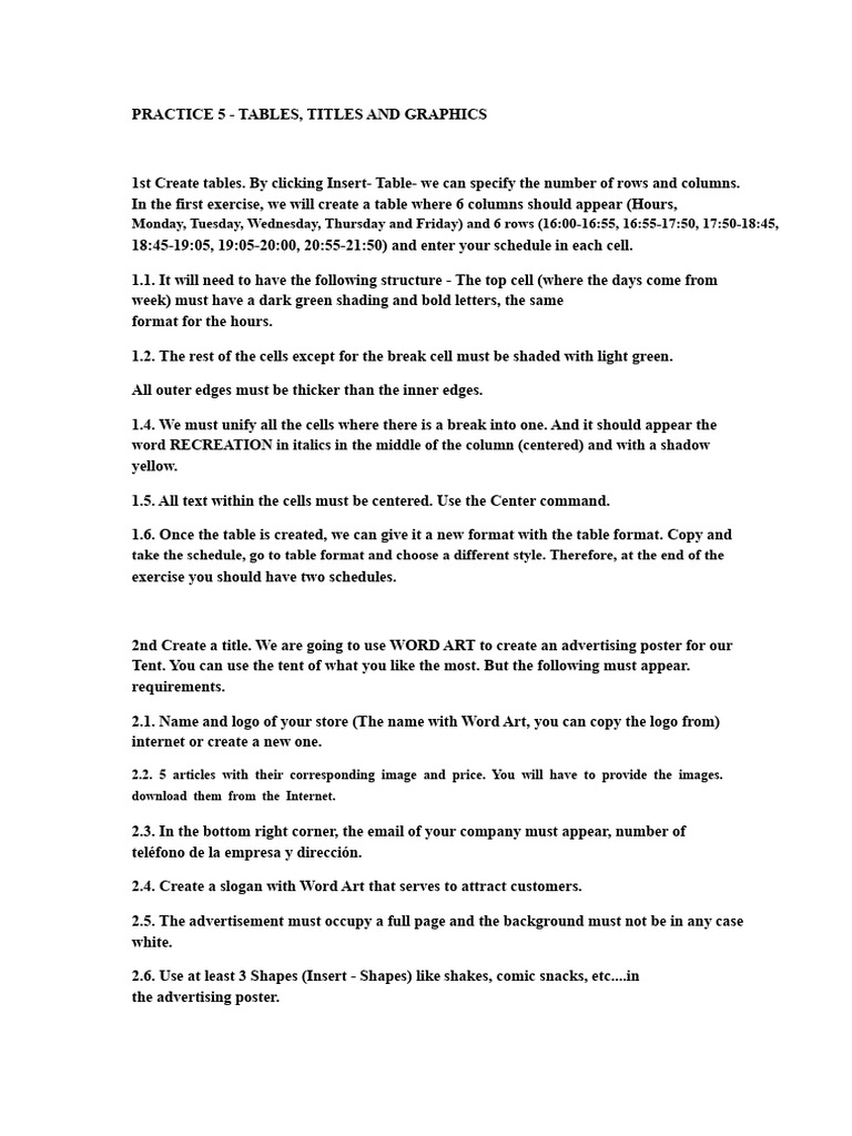 PRACTICE 5 WORD - Tables, Word Art and Graphics | PDF | Software ...