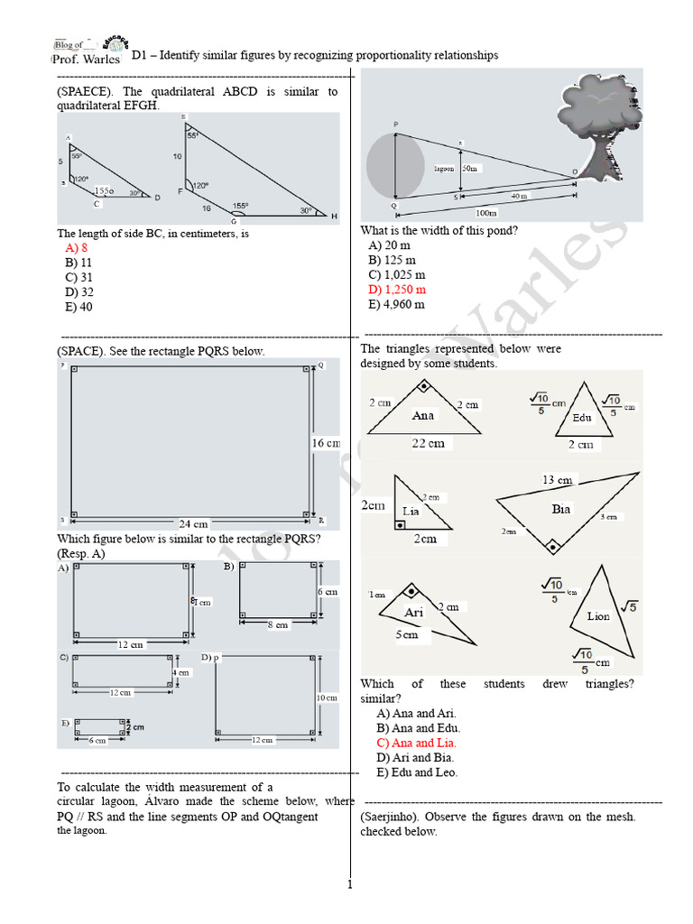 D1 (3rd grade - High School - Math) - Blog of Prof. Warles | PDF | Area ...