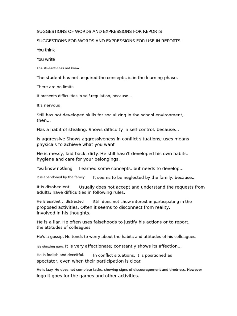SUGGESTIONS FOR WORDS AND EXPRESSIONS FOR REPORTS.docx | PDF | Attitude ...