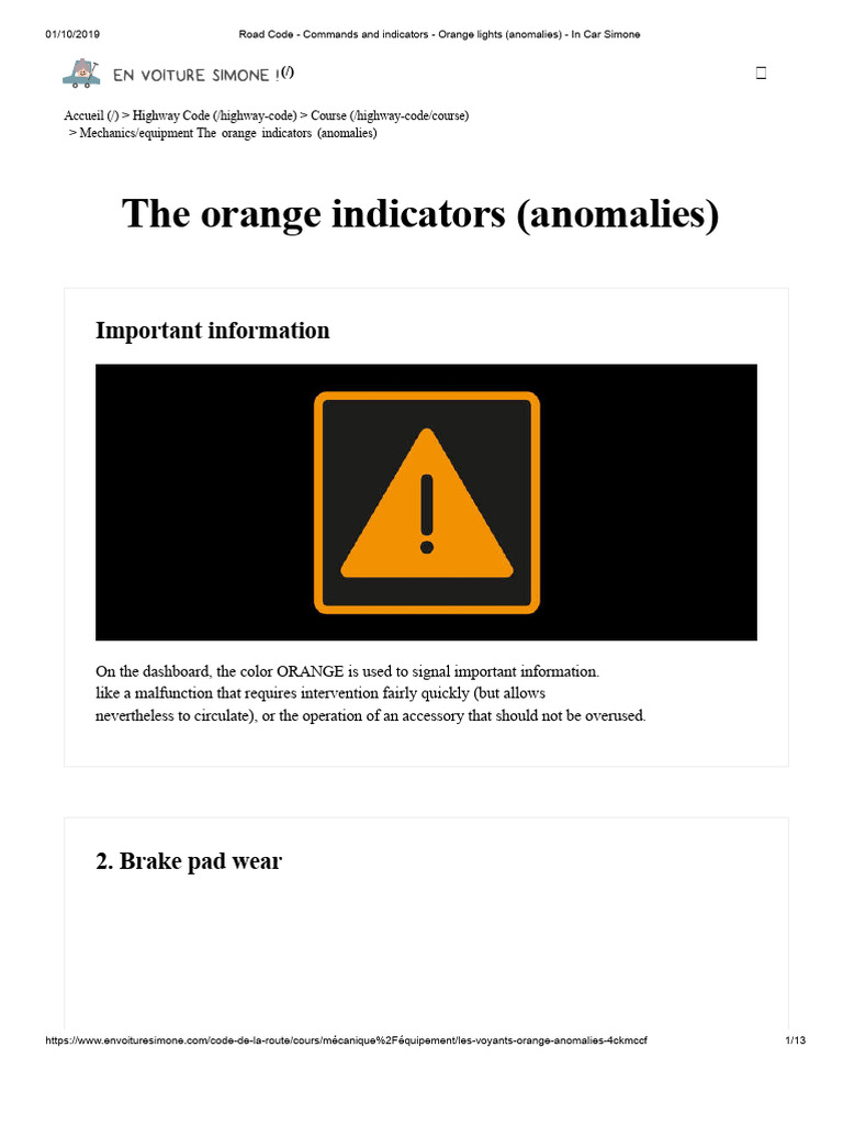 Highway Code - Controls and Indicators - Orange Warning Lights ...