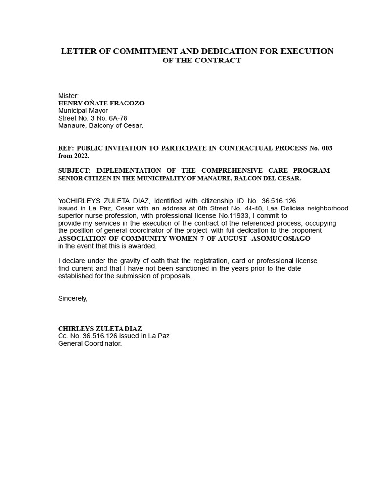 Letter of Commitment and Dedication For The Execution of The Contract | PDF