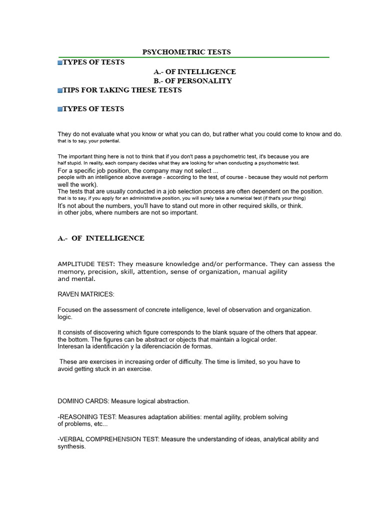 PSYCHOMETRIC TESTS | PDF | Intelligence | Psychometrics