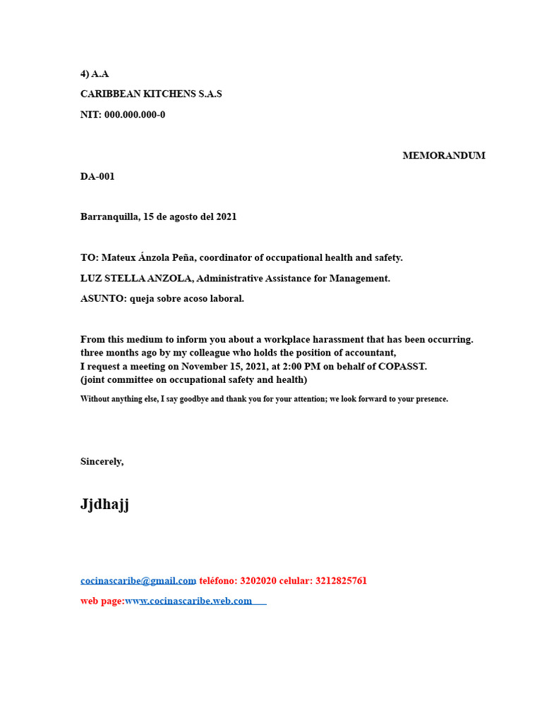 Workplace Harassment Complaint Memo | PDF