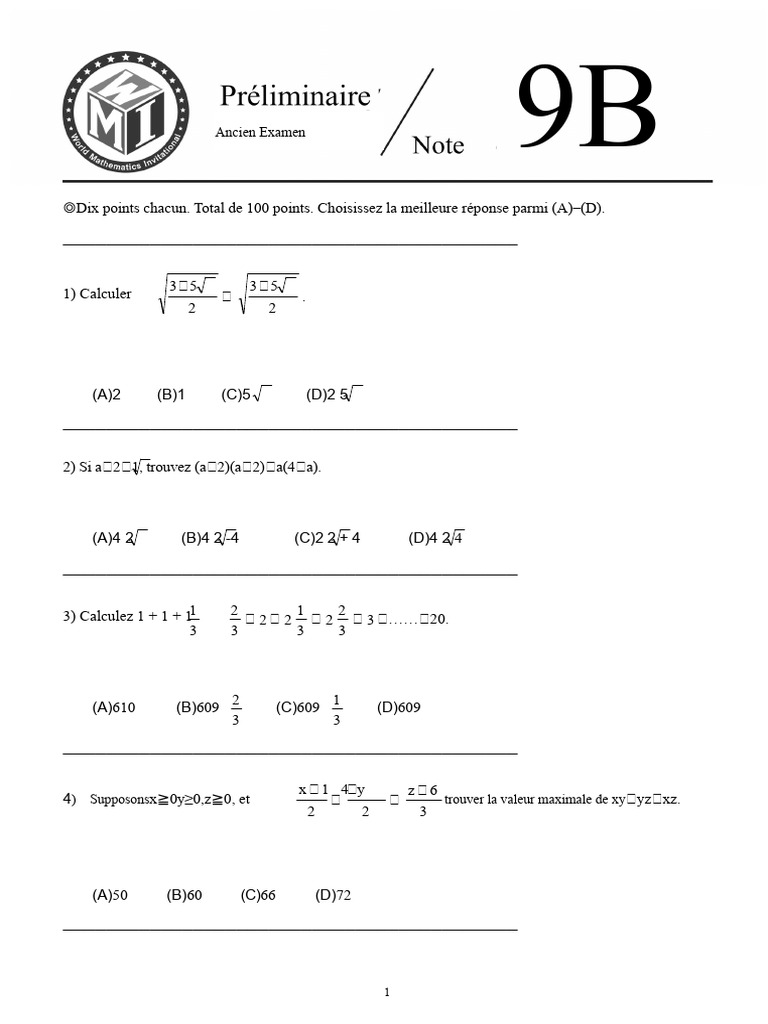 Examen de mathématiques : questions et réponses | PDF | Mathématiques