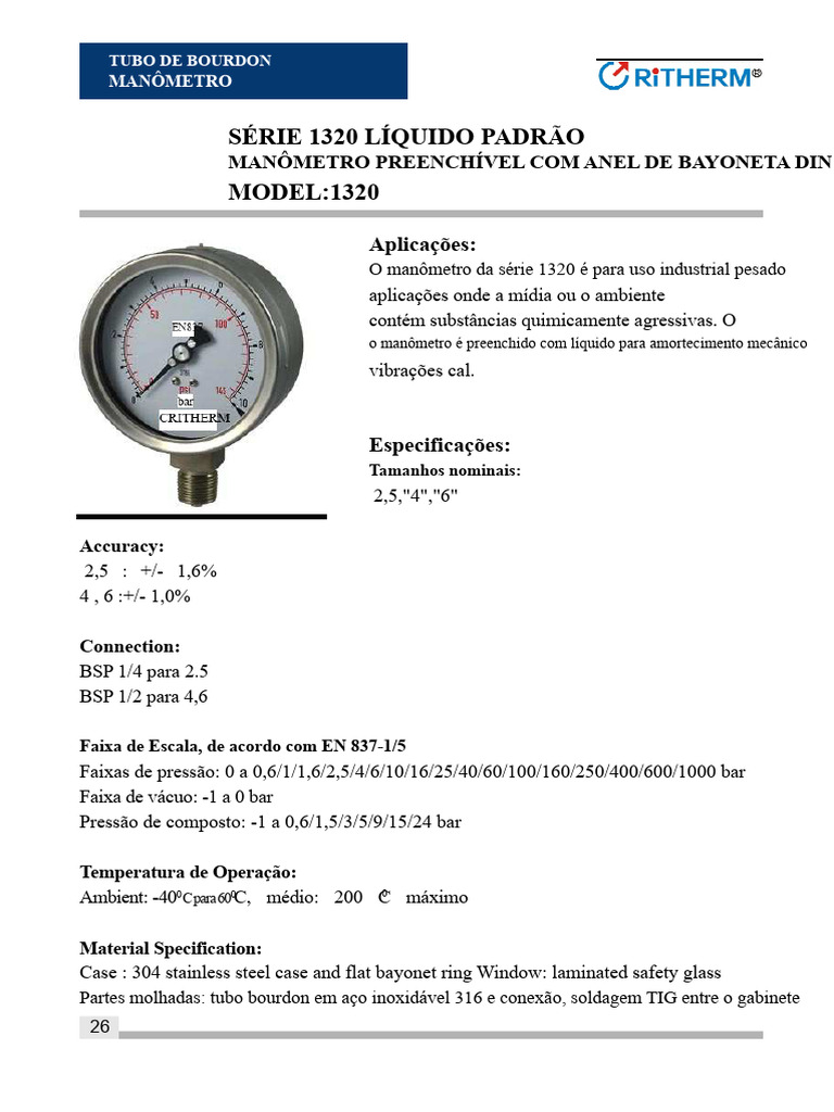Technical Data Sheet Manometer Model 1320 Ritherm | PDF