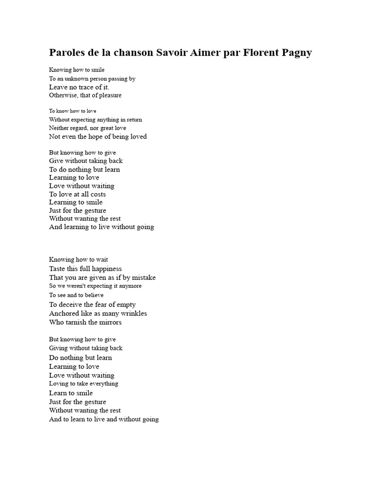 Lyrics of the song "Savoir Aimer" by Florent Pagny. | PDF