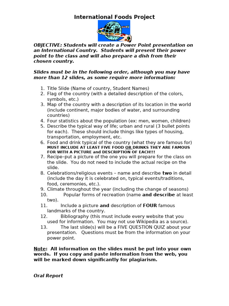 International Foods Project Rubric | PDF