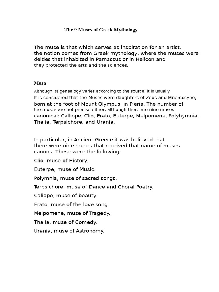The 9 Muses of Greek Mythology | PDF