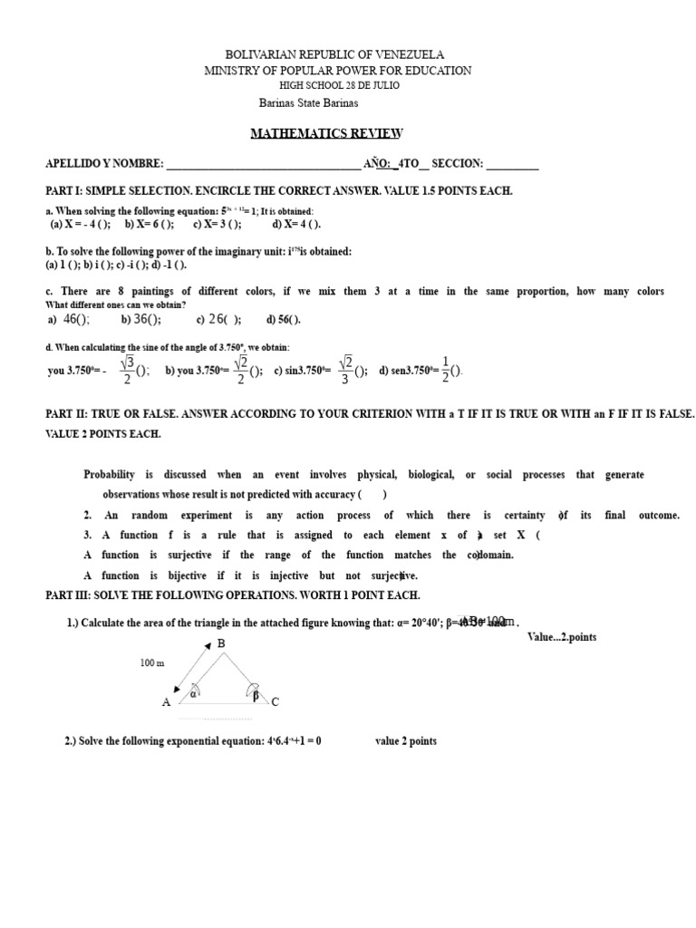 Mathematics Review Test Fourth Year 2020-2021 | PDF | Function ...