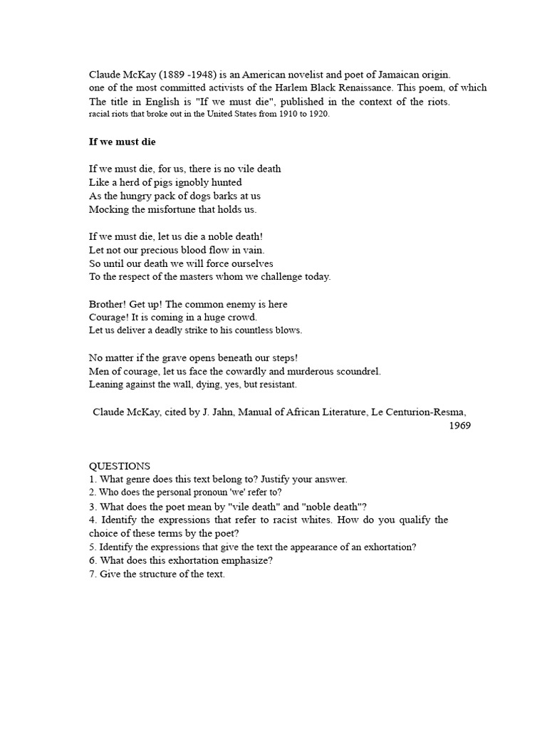 Claude McKay's Poem "If We Must Die" Analysis | PDF