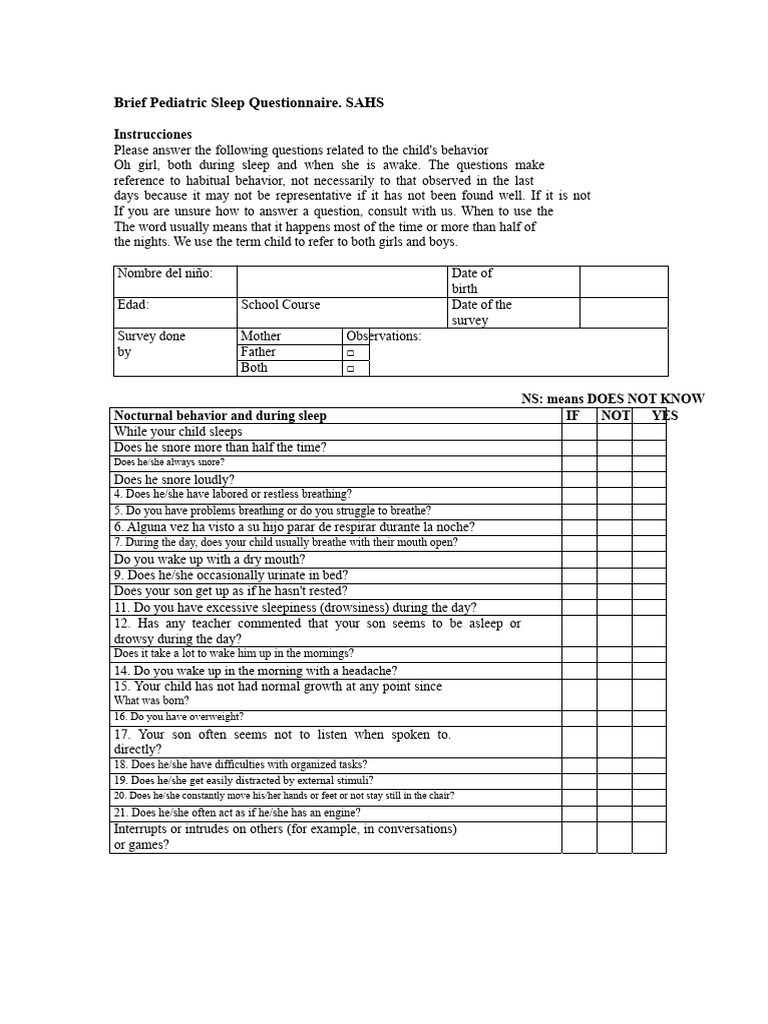 pediatric sleep abbreviated questionnaire.pdf | PDF | Snoring | Sleep