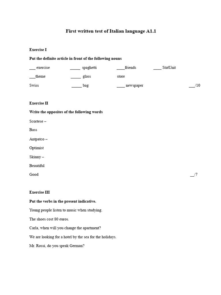 Italian Language A1.1 Test Exercises | PDF