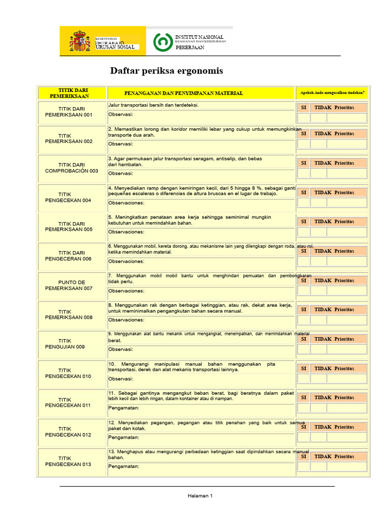 Daftar Periksa Ergonomi untuk Tempat Kerja | PDF