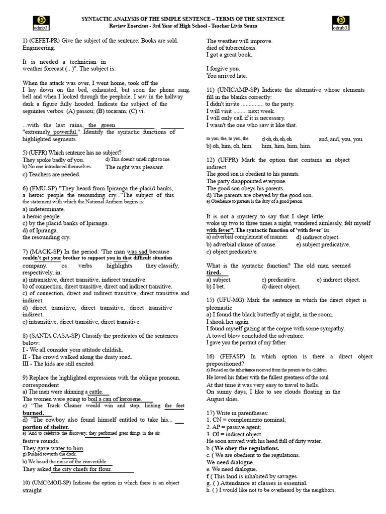 Syntactic Analysis Exercises for Students | PDF | Subject (Grammar ...