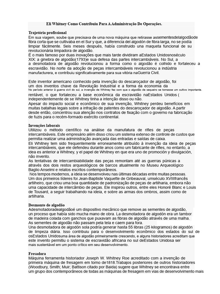 Eli Whitney: Inovações e Impactos Econômicos | PDF | Algodão