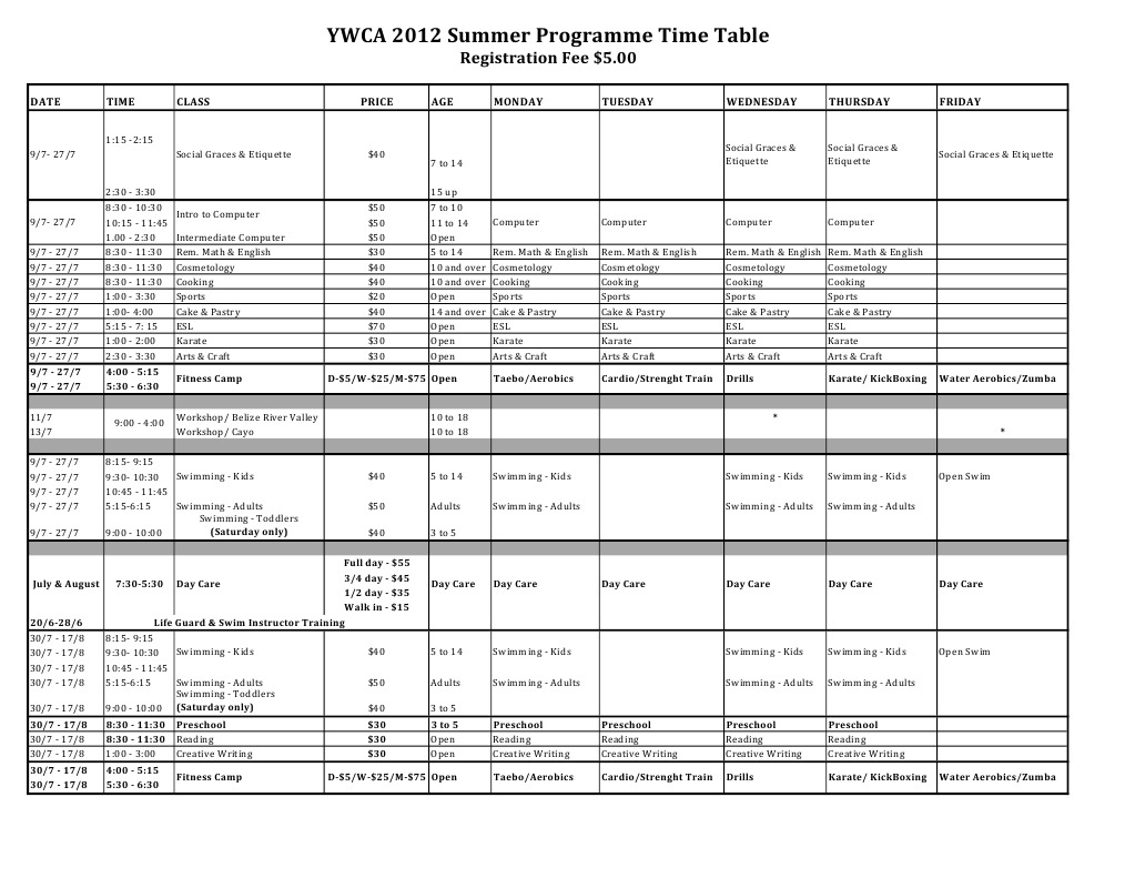 Ywca 2012 Summer Time Table | PDF | Leisure | Sports