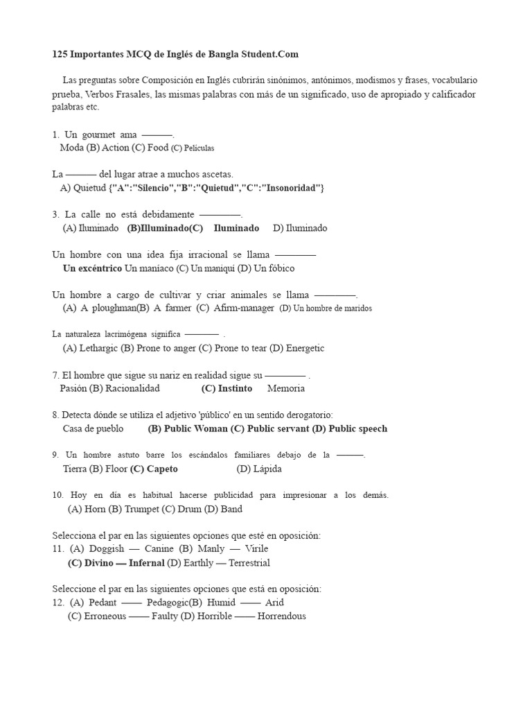 125 Importantes Preguntas de Opción Múltiple en Inglés | PDF