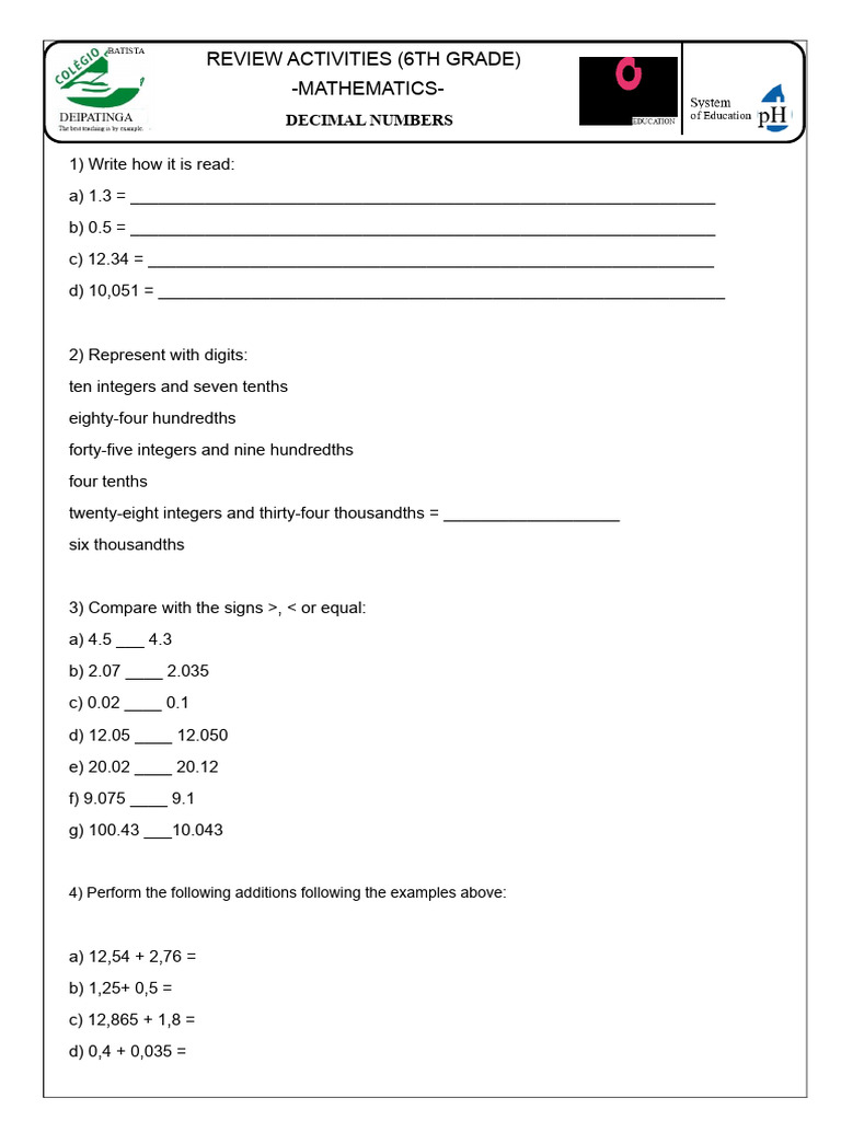 ACTIVITIES 6th grade MATHEMATICS DECIMALS partial assessment 3rd ...