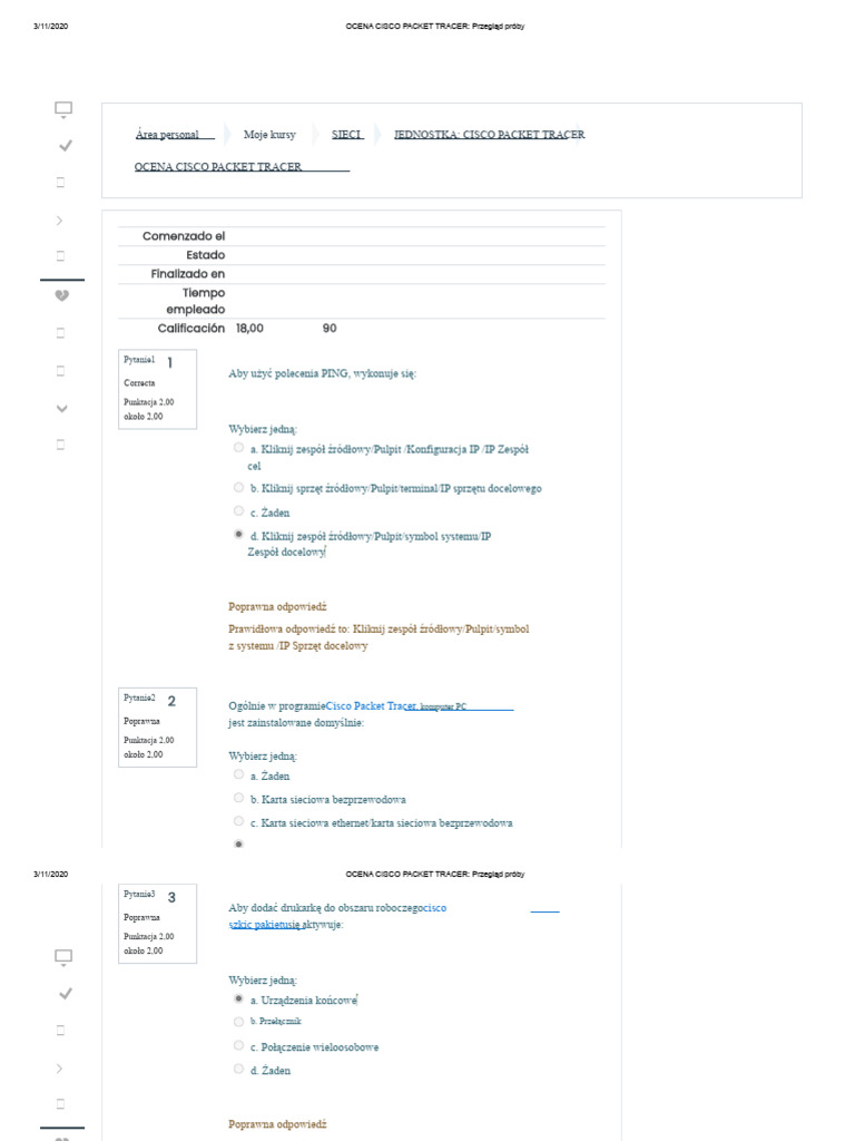 OCENA CISCO PACKET TRACER_ Przegląd próby | PDF