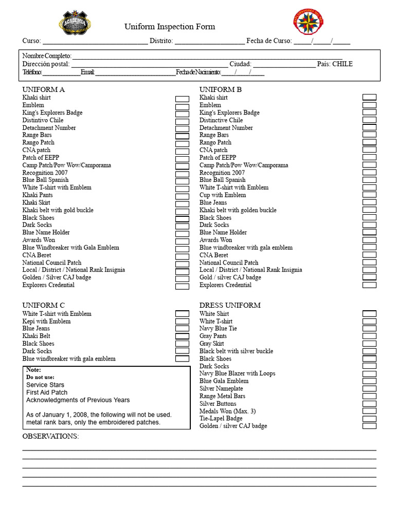 Uniform Inspection Form for Chile | PDF | Military Uniforms | Clothing
