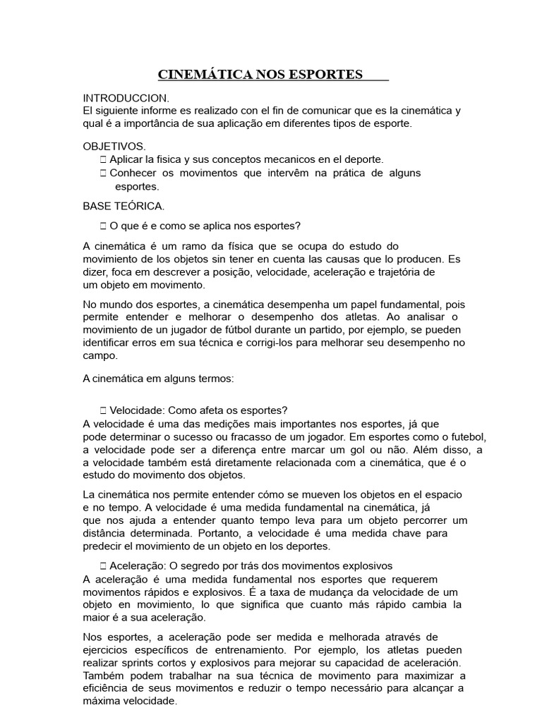 Cinemática e Desempenho Esportivo | PDF | Cinemática | Velocidade