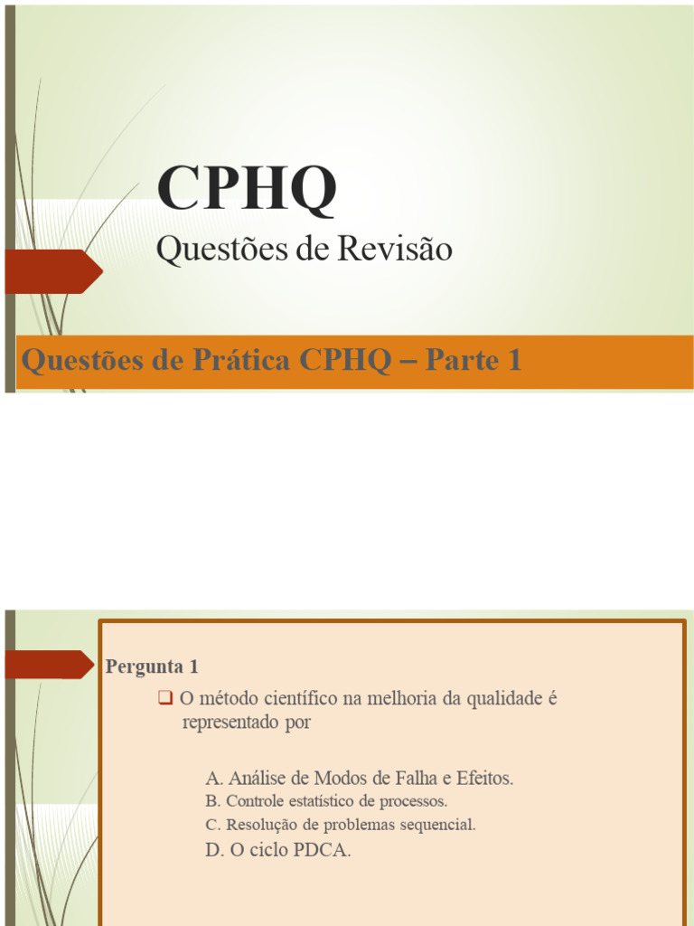 Questões de Prática CPHQ Parte 1 | PDF | Avaliação comparativa | Liderança
