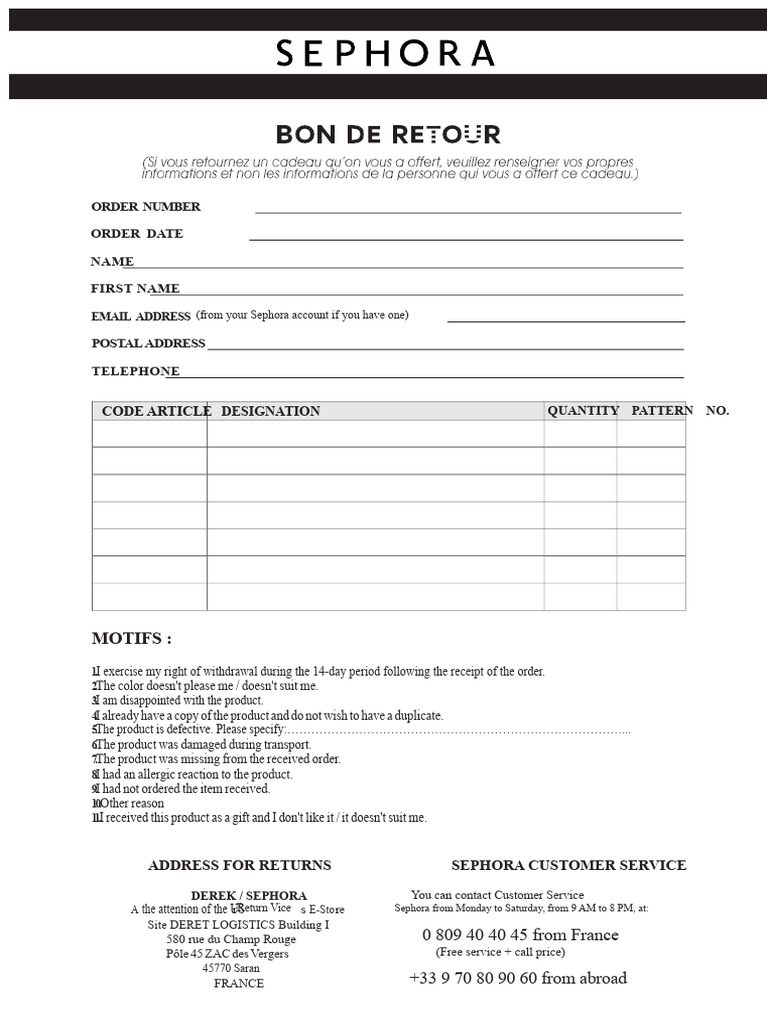 Sephora Order Return Instructions | PDF