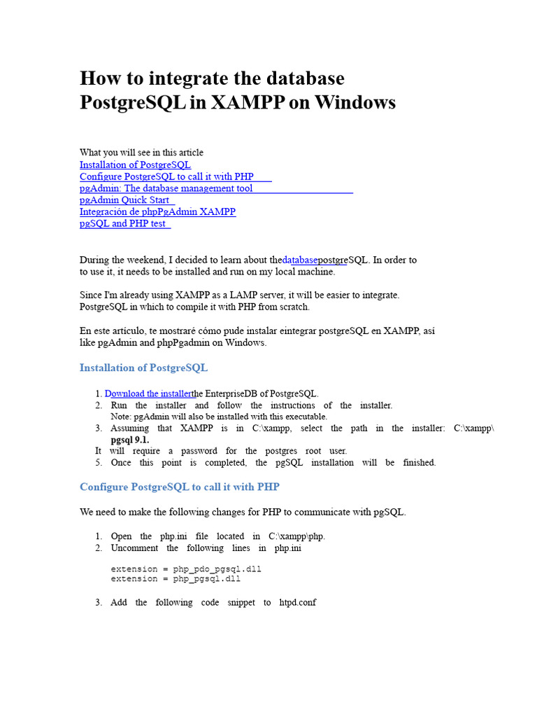 How To Integrate The PostgreSQL Database in XAMPP On Windows | PDF | Postgre Sql | Php