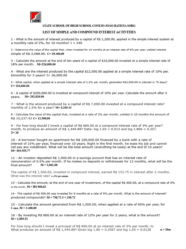 Simple and Compound Interest Exercises | PDF | Interest | Compound Interest
