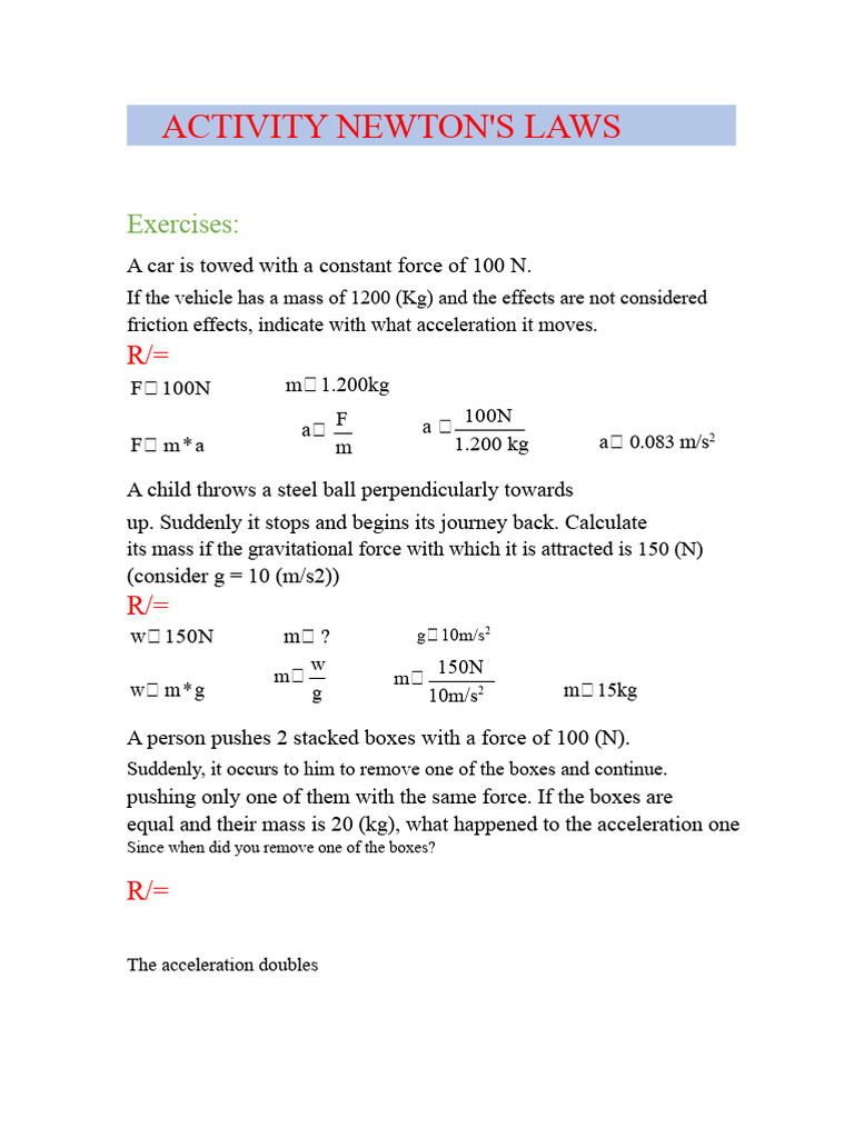 NEWTON'S LAWS ACTIVITY | PDF | Force | Mass