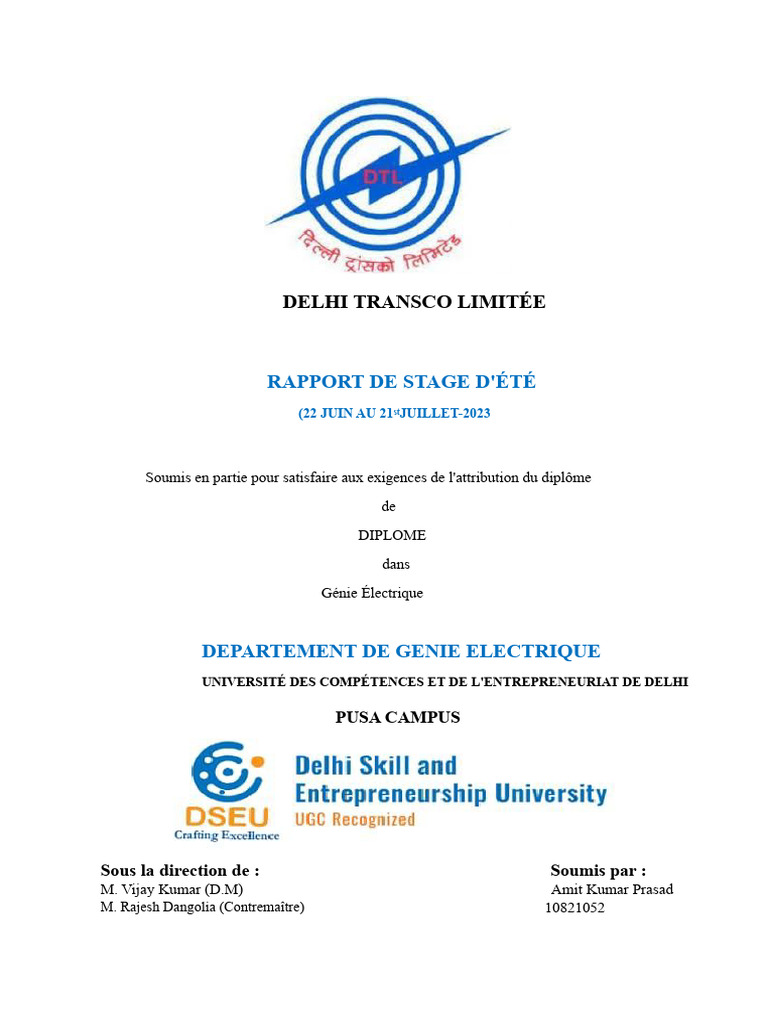 Rapport de stage à Delhi Transco 2023 | PDF | Transformateur électrique ...