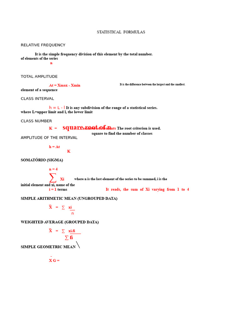 STATISTICAL FORMULAS | PDF