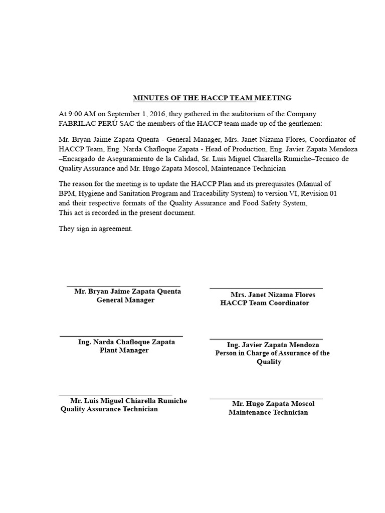 HACCP TEAM MEETING MINUTES 01-09.2016.docx | PDF