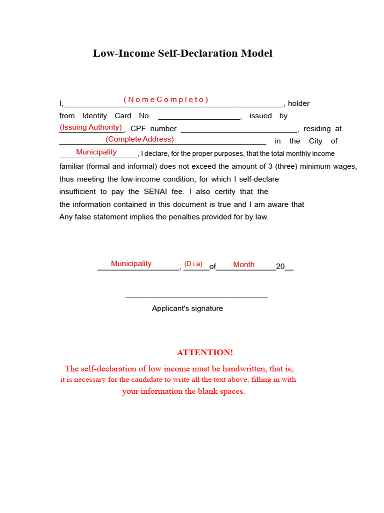 Low-Income Self-Declaration Form | PDF