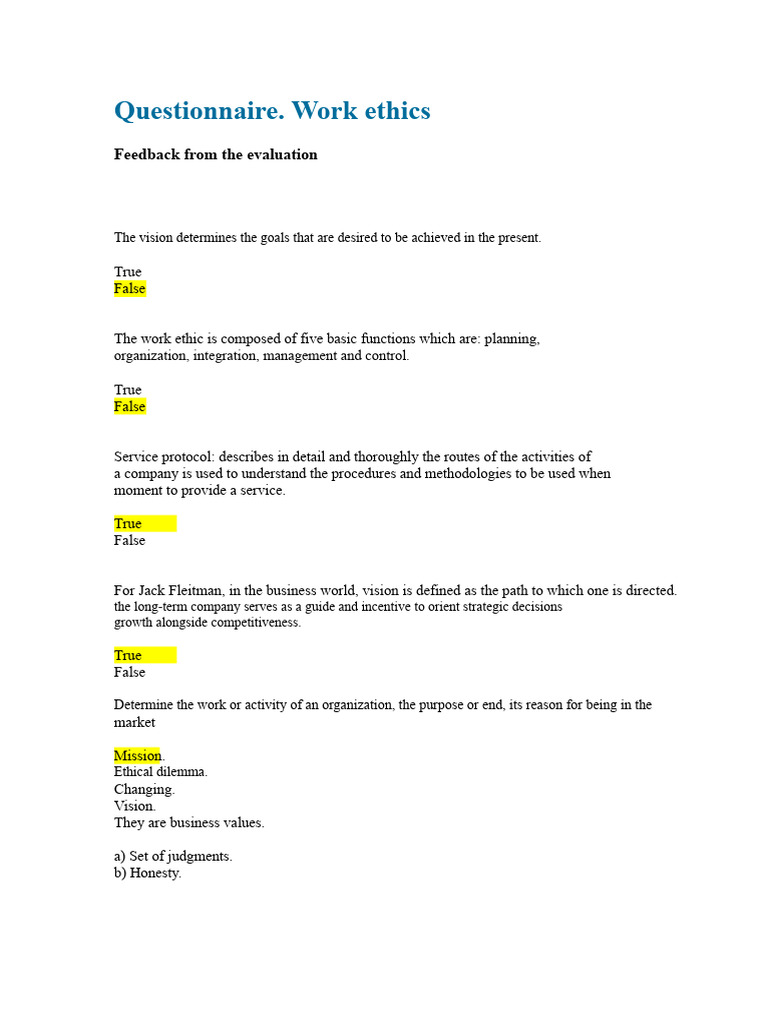 Work Ethics Questionnaire and Evaluation | PDF