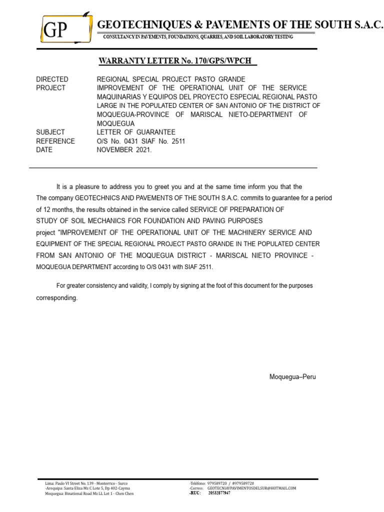 WARRANTY LETTER | PDF