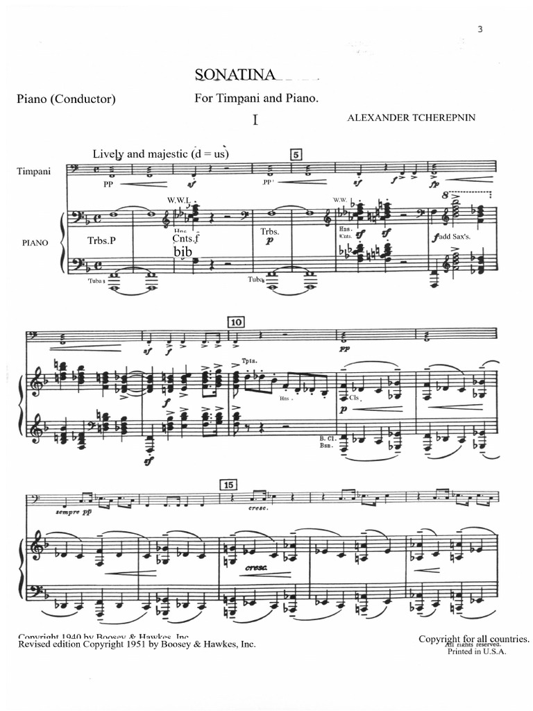 Score, Sonatina for Two or Three Timpani and Piano (a. Tcherepnin) | PDF