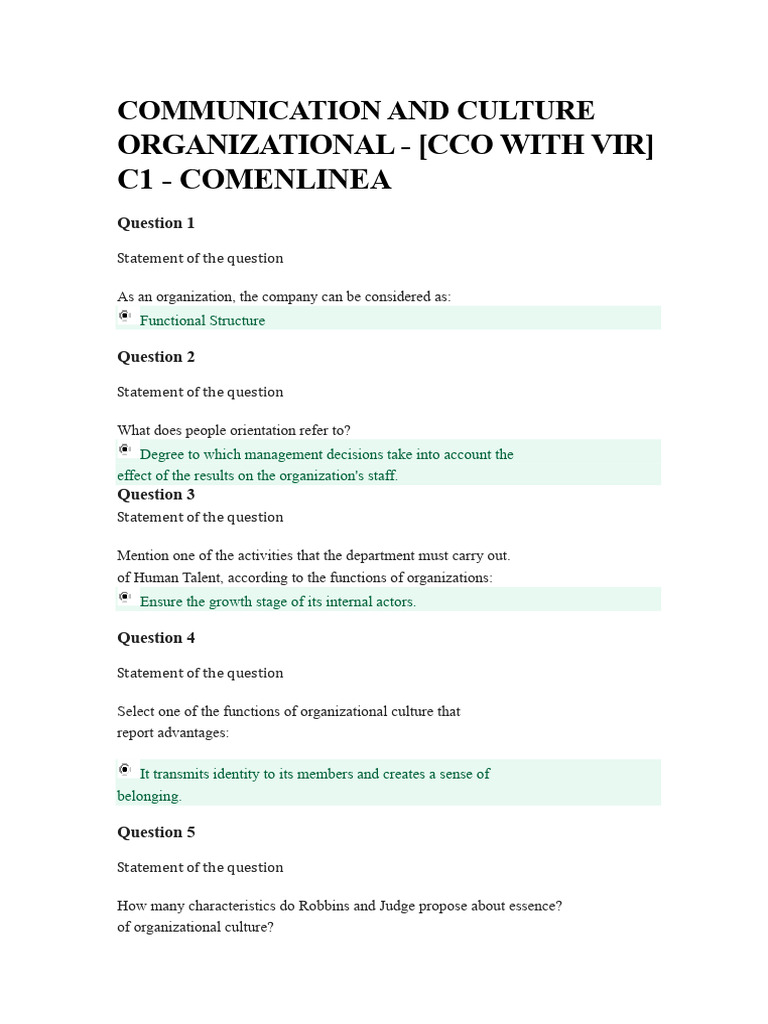 COMMUNICATION AND ORGANIZATIONAL CULTURE test | PDF