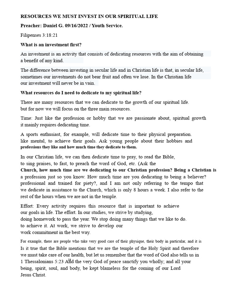 The Importance of Investing in Our Spiritual Life | PDF | Prayer | Bible