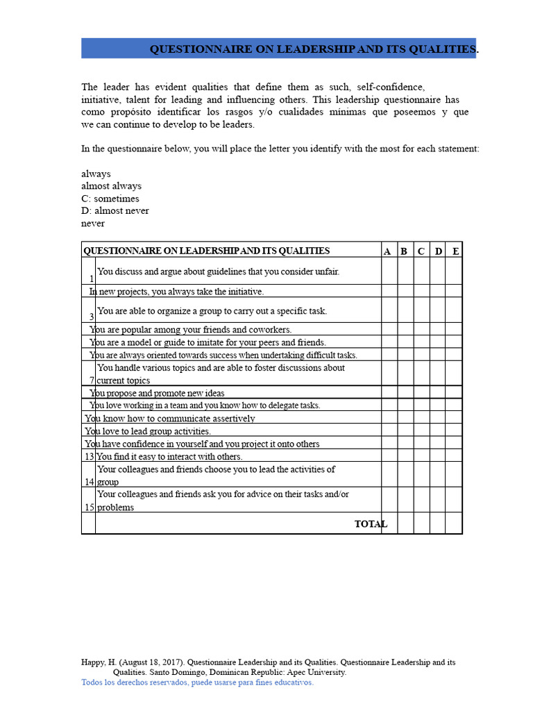 Leadership Questionnaire by HF | PDF | Leadership | Popular Psychology