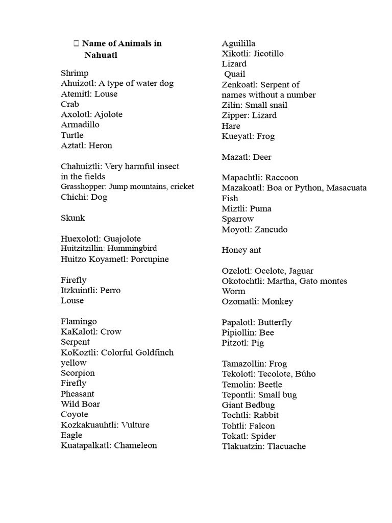 ANIMALS, VEGETABLES, AND FRUITS IN NAHUATL | PDF