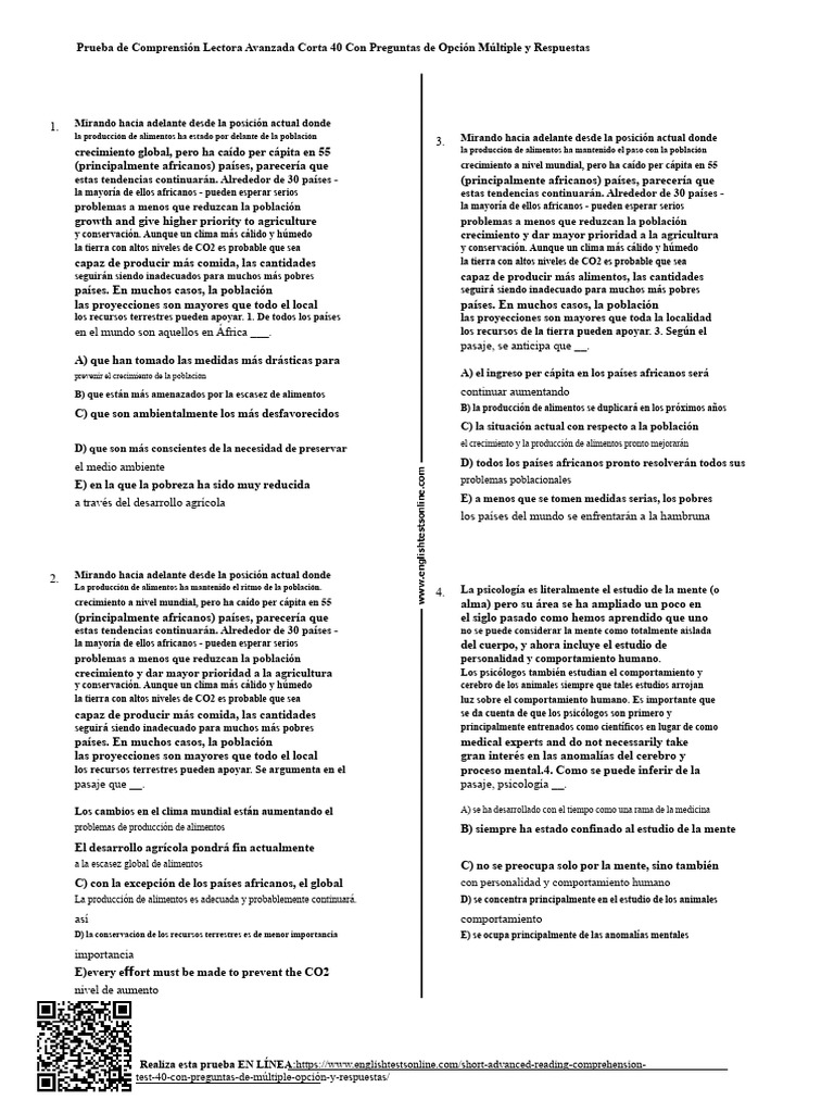 Comprensión Lectora Avanzada: 40 Preguntas | PDF | Mente | Sicología