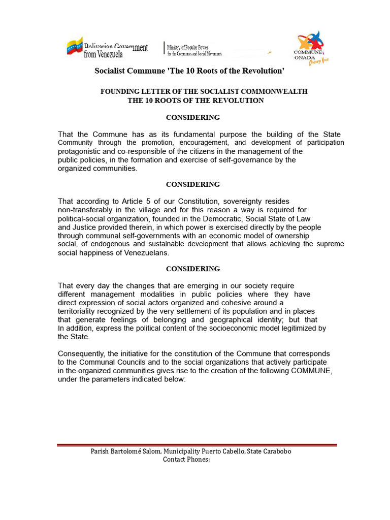 Founding Letter of The Socialist Commune Final | PDF | Venezuela | Hugo ...