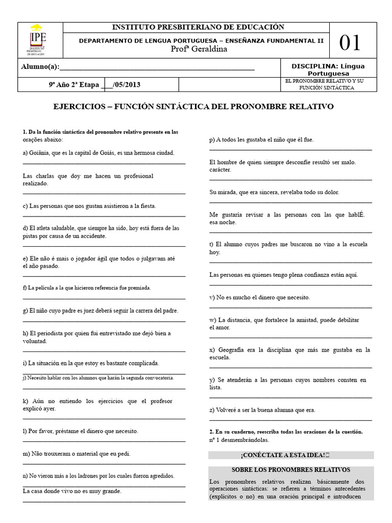 Ejercicios Lista Sobre Pronombre Relativo 9 Año 4511125 | PDF ...