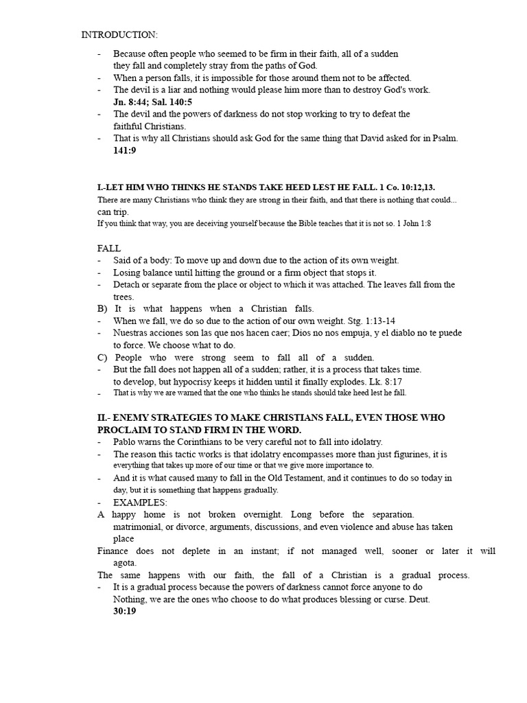Outline: Let him who thinks he stands take heed lest he fall. | PDF ...