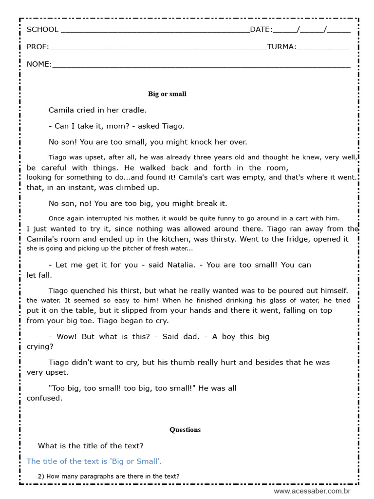 Interpretation of Text Large or Small 4th or 5th Grade Answers | PDF