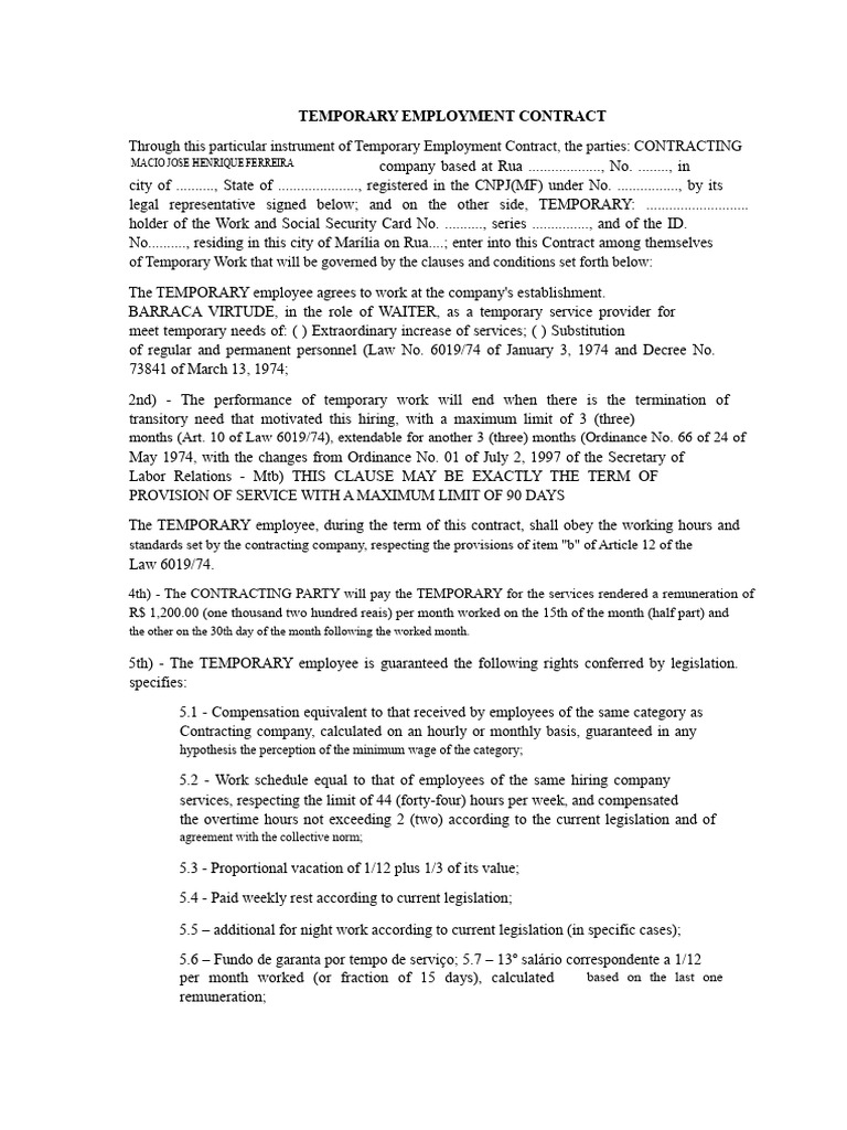 Temporary Contract Template | PDF | Temporary Work | Employment