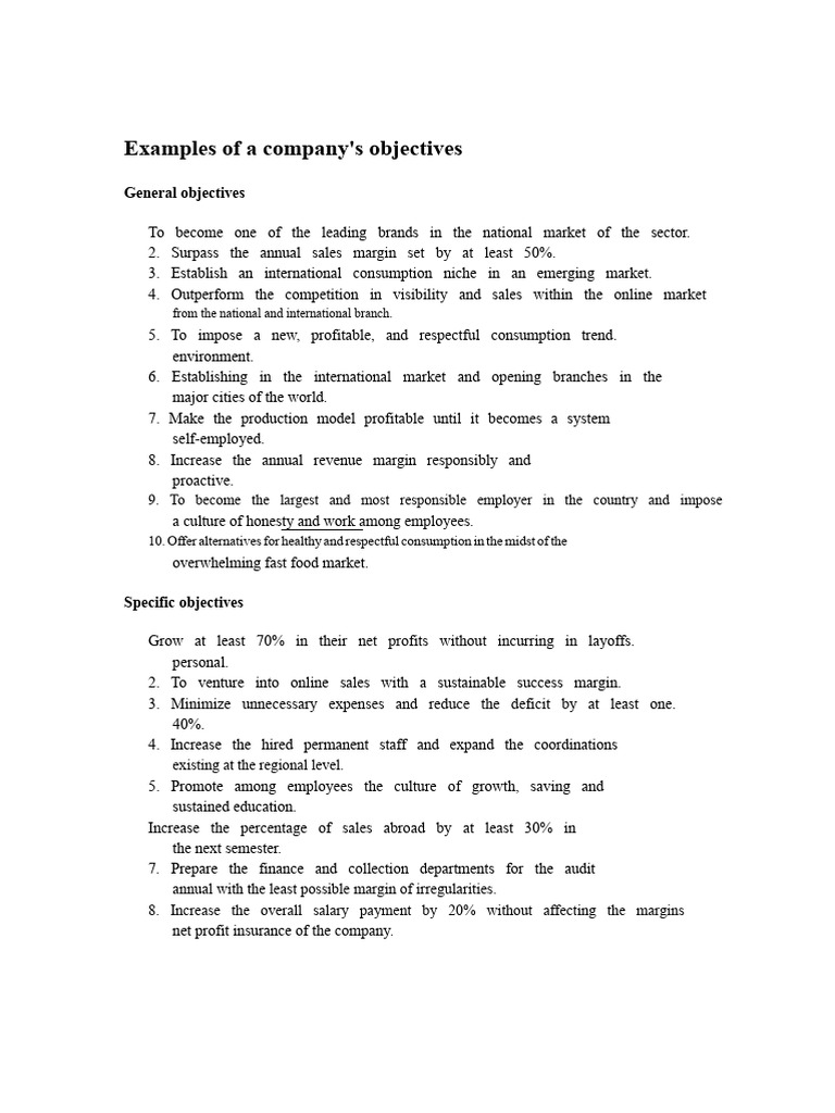 Examples of Company Objectives | PDF | Goal | Regulatory Compliance