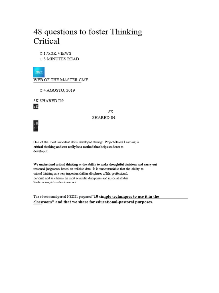 48 Questions to Enhance Critical Thinking | PDF | Critical Thinking ...