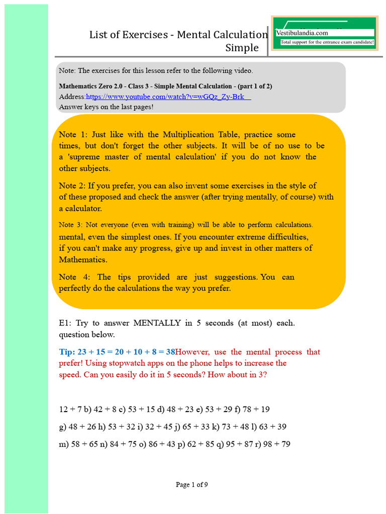 Simple Mental Calculation Exercises | PDF | Elementary Mathematics ...